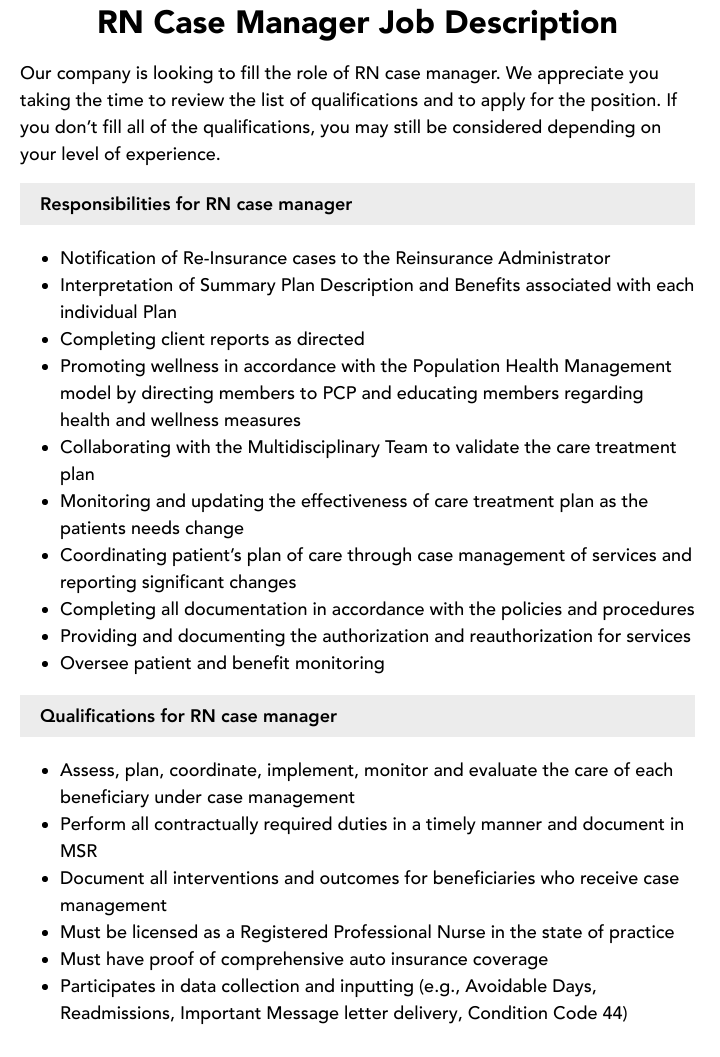 RN Case Manager Job Description Velvet Jobs