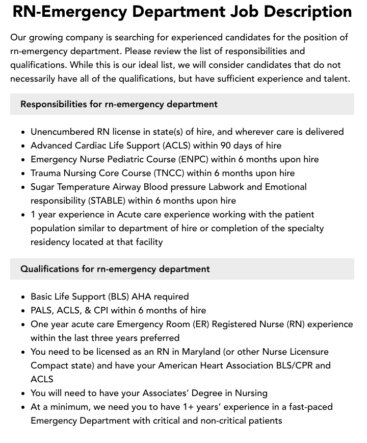 RN Emergency Department Job Description Velvet Jobs