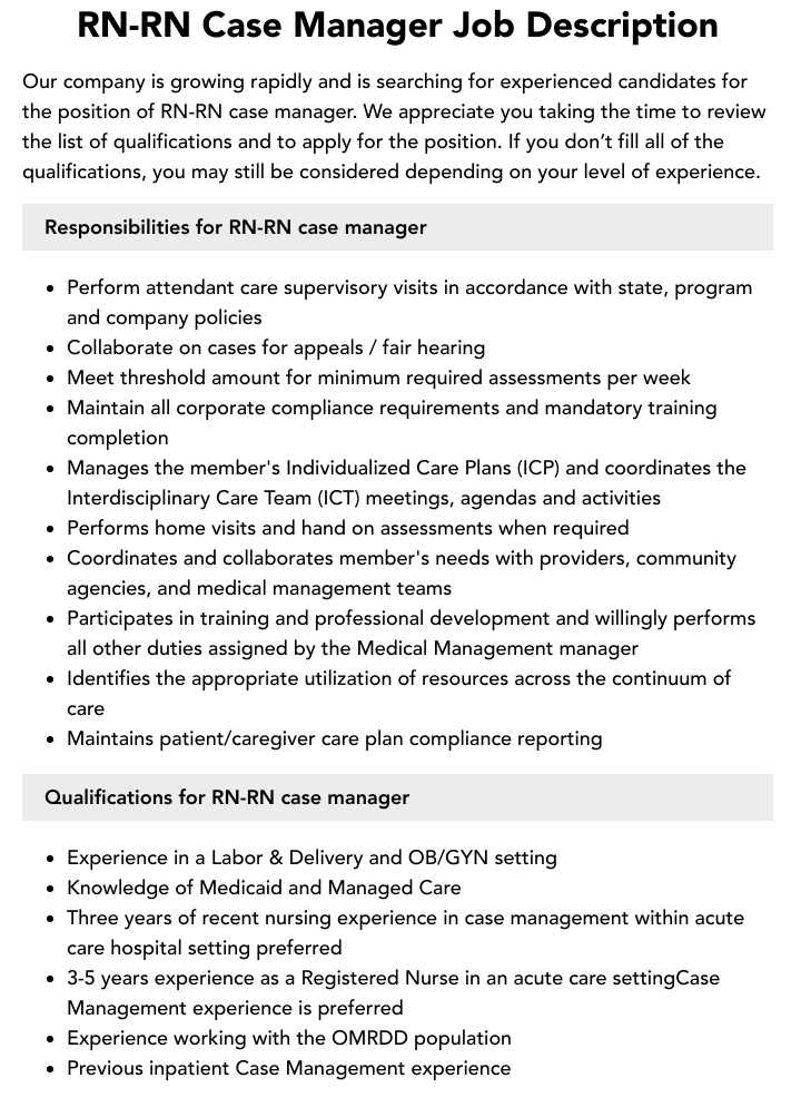 RN RN Case Manager Job Description Velvet Jobs