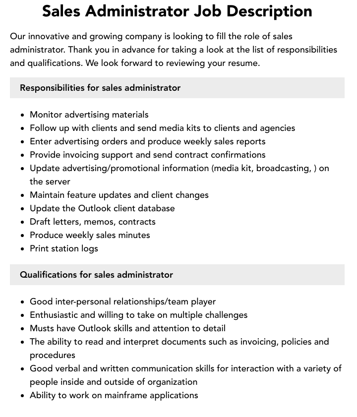Sales Administrator Job Description Velvet Jobs