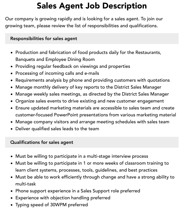 Sales Agent Job Description Velvet Jobs