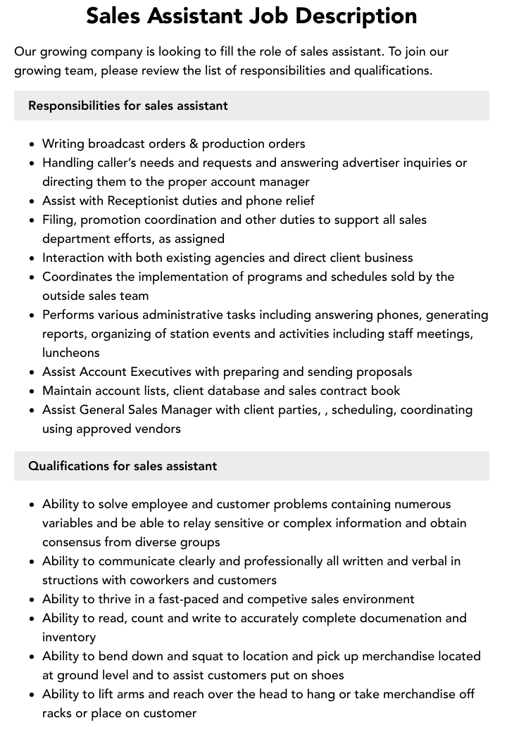 Sales Assistant Job Description Velvet Jobs