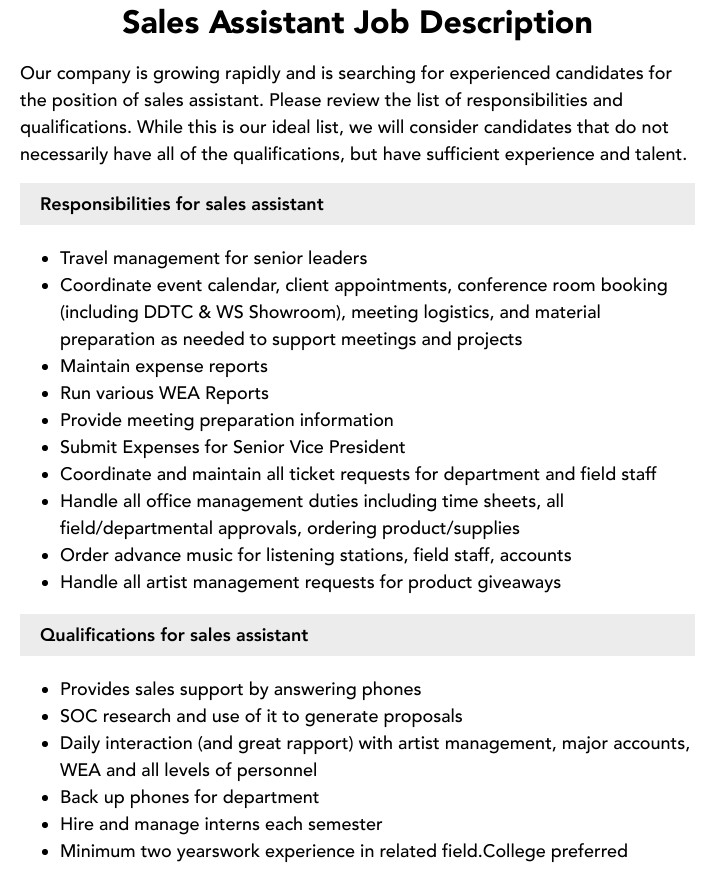Sales Assistant Job Description Velvet Jobs