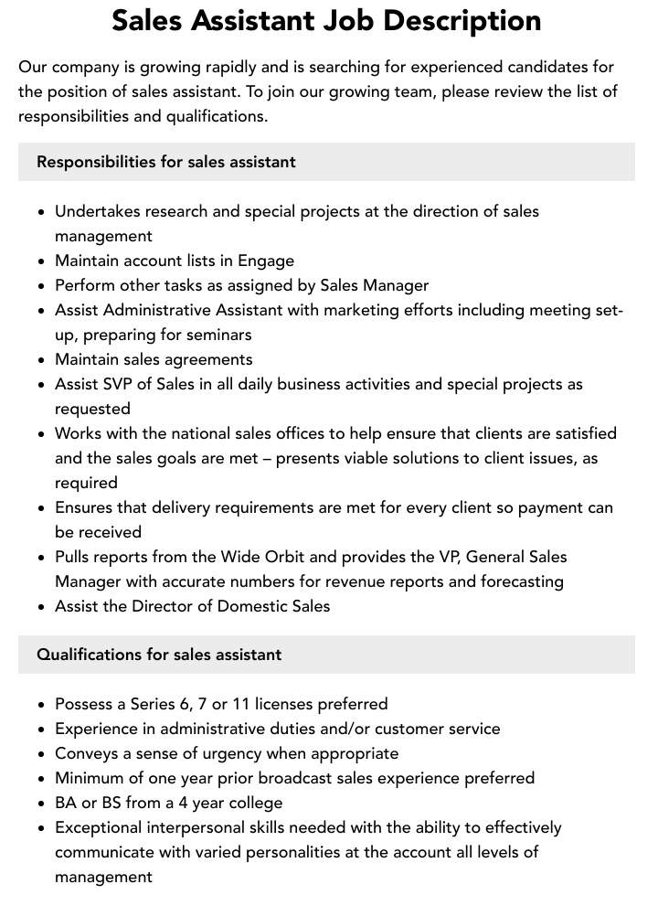 Sales Assistant Job Description Velvet Jobs