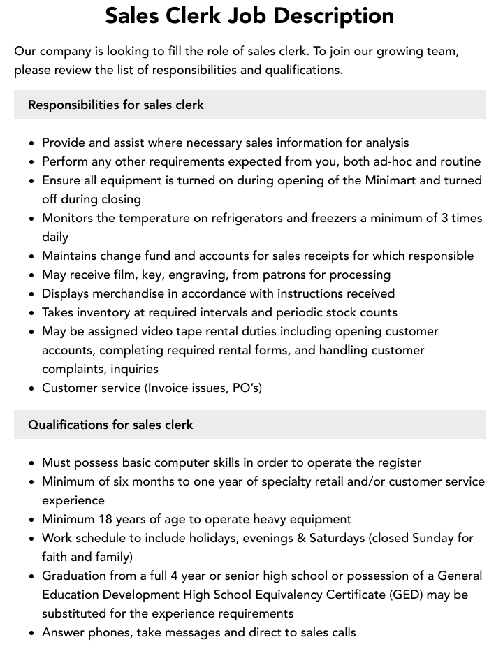 Sales Clerk Job Description Velvet Jobs