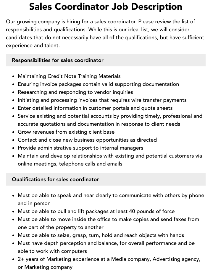 Sales Coordinator Job Description Velvet Jobs