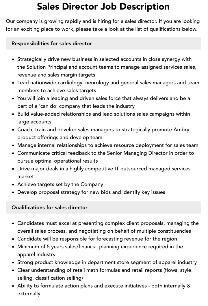 Sales Director Job Description Velvet Jobs