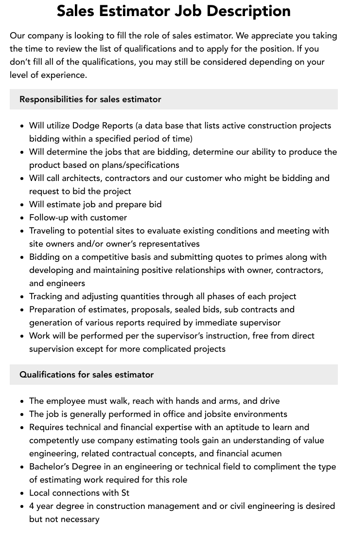 Sales Estimator Job Description Velvet Jobs Sales Estimator Job Description Velvet Jobs