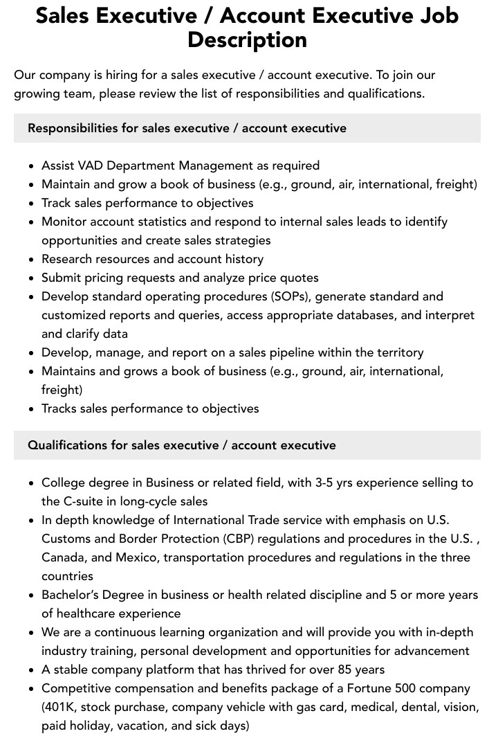 Sales Executive Account Executive Job Description Velvet Jobs