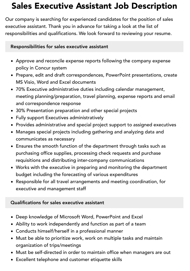 Sales Executive Assistant Job Description Velvet Jobs