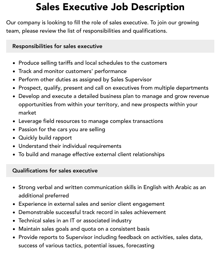 Sales Executive Job Description Velvet Jobs