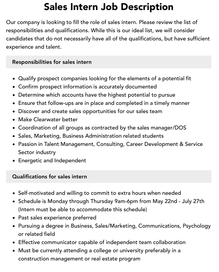 Sales Intern Job Description Velvet Jobs