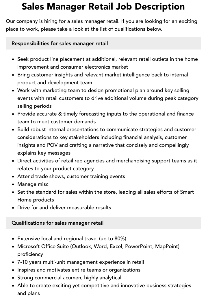 Sales Manager Retail Job Description Velvet Jobs