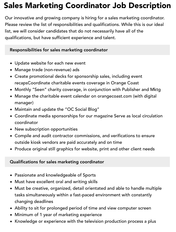 Sales Marketing Coordinator Job Description Velvet Jobs