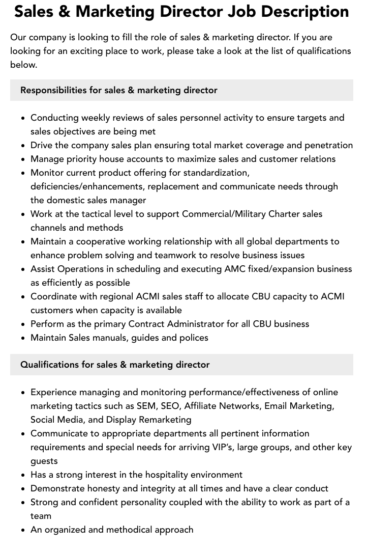 Roles And Responsibilities Of Sales And Marketing Department