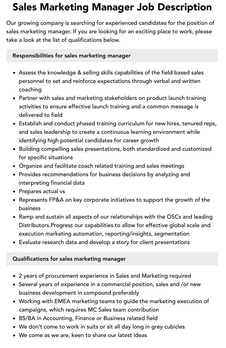 Sales Marketing Manager Job Description Velvet Jobs