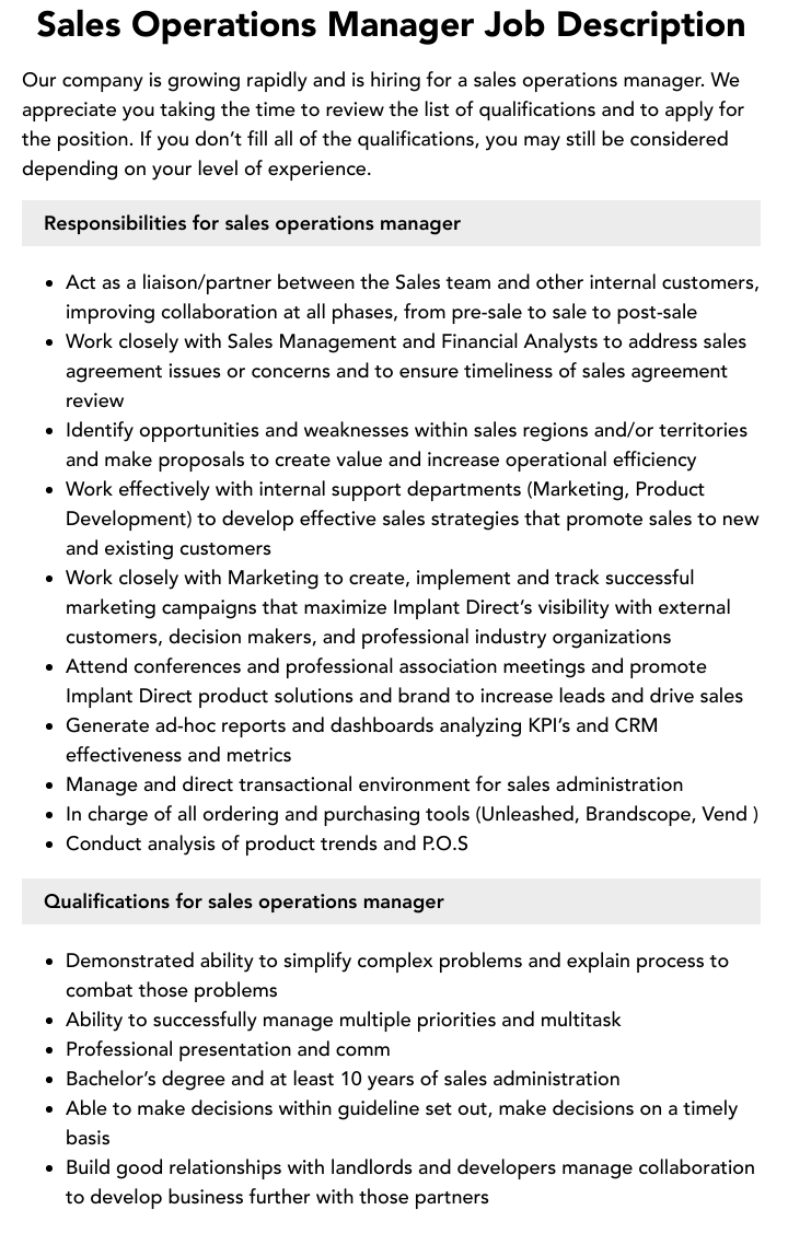Sales Operations Manager Job Description Velvet Jobs