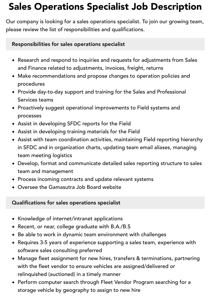 Sales Operations Specialist Job Description Velvet Jobs
