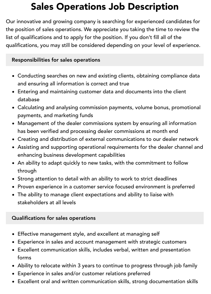 Sales Operations Job Description Velvet Jobs