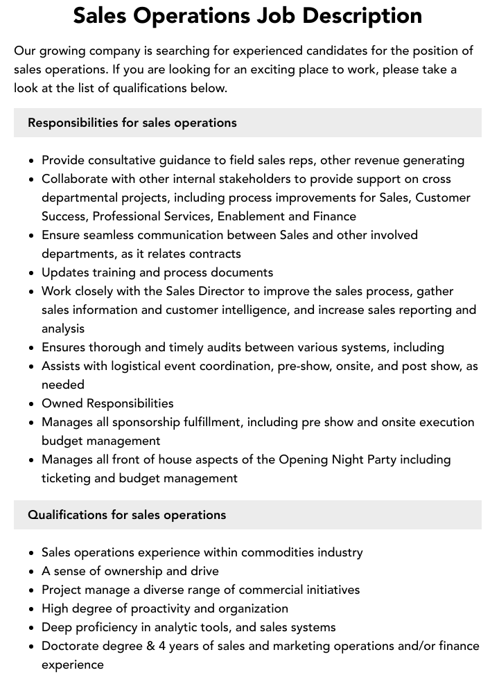 Sales Operations Job Description Velvet Jobs