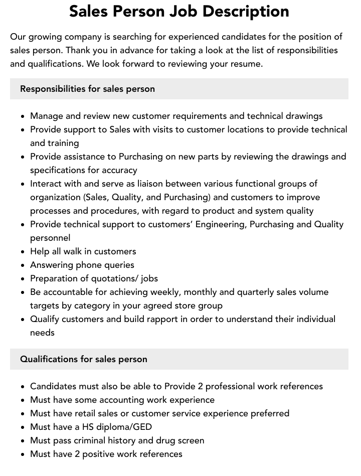 Sales Person Job Description Velvet Jobs