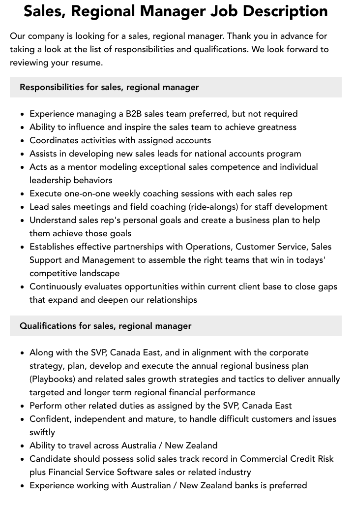 Sales Regional Manager Job Description Velvet Jobs