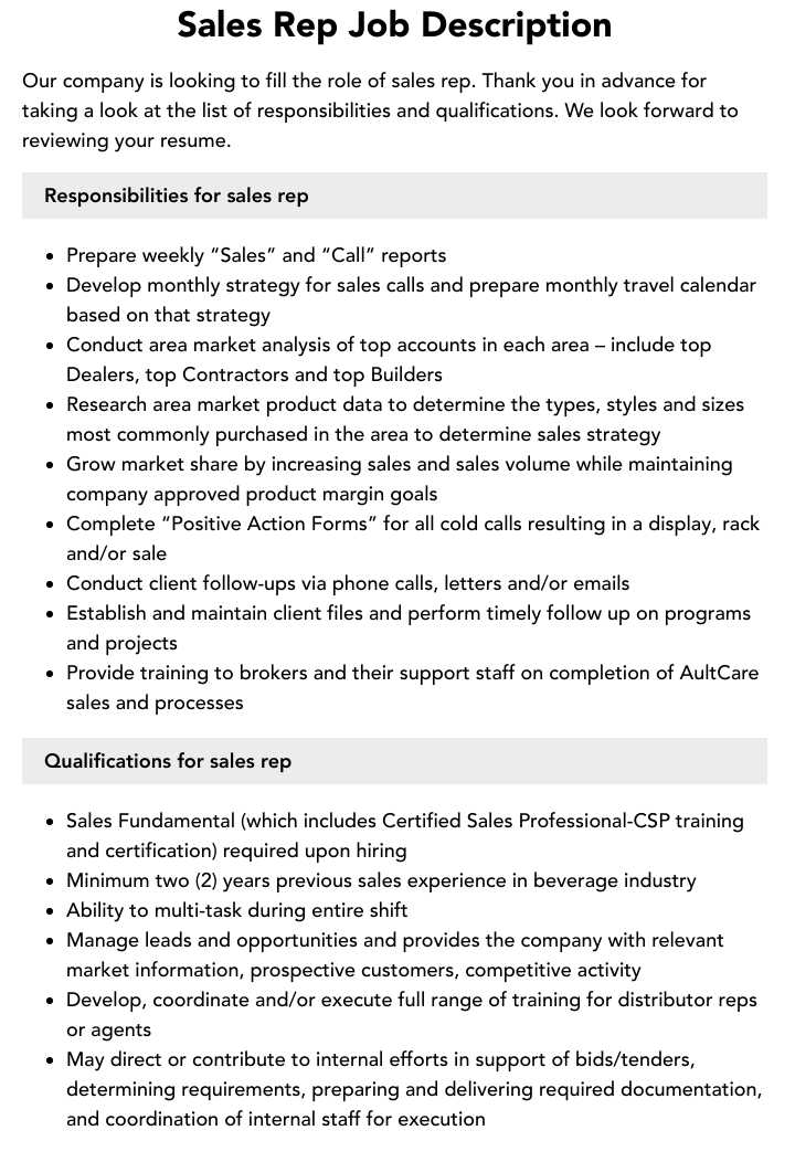 Sales Rep Job Description Velvet Jobs