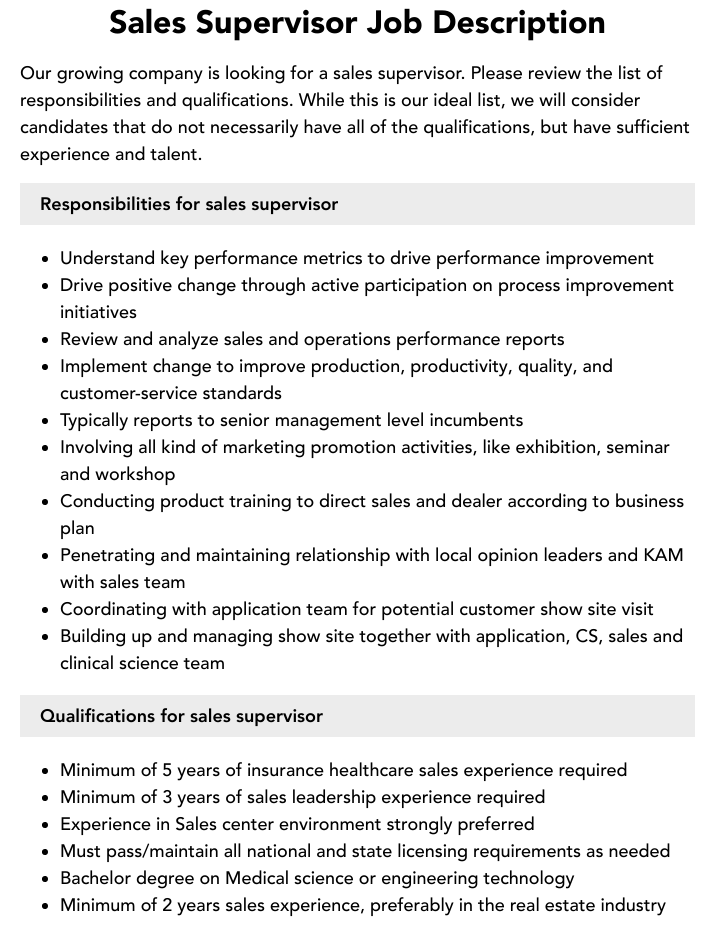 Sales Supervisor Job Description Velvet Jobs