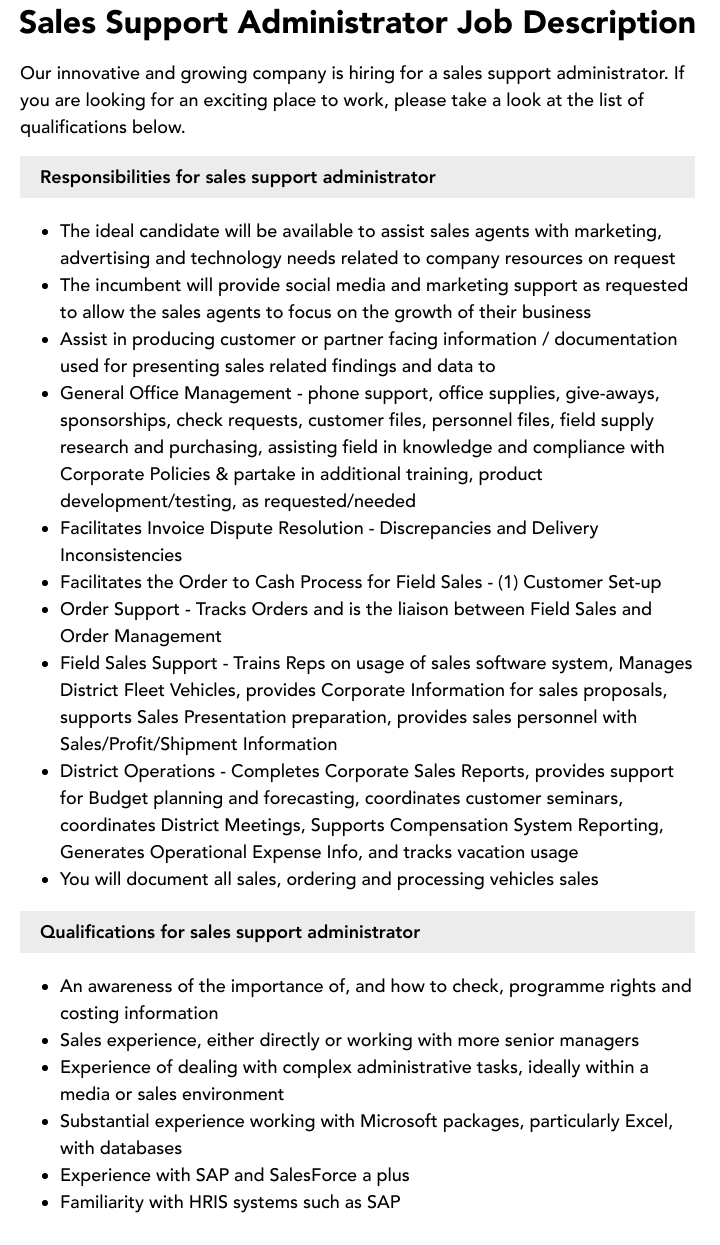 Sales Support Administrator Job Description Velvet Jobs