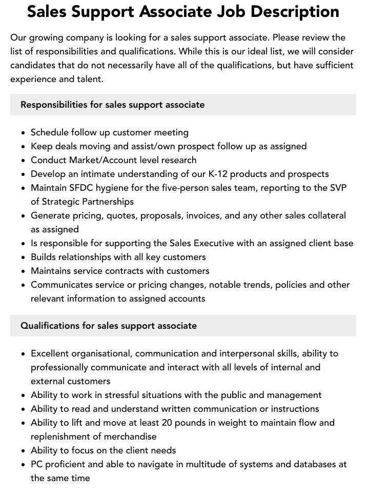 Sales Support Associate Job Description Velvet Jobs