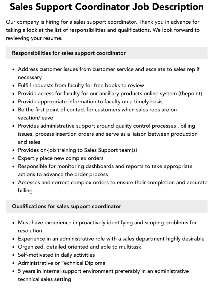 Sales Support Coordinator Job Description Velvet Jobs