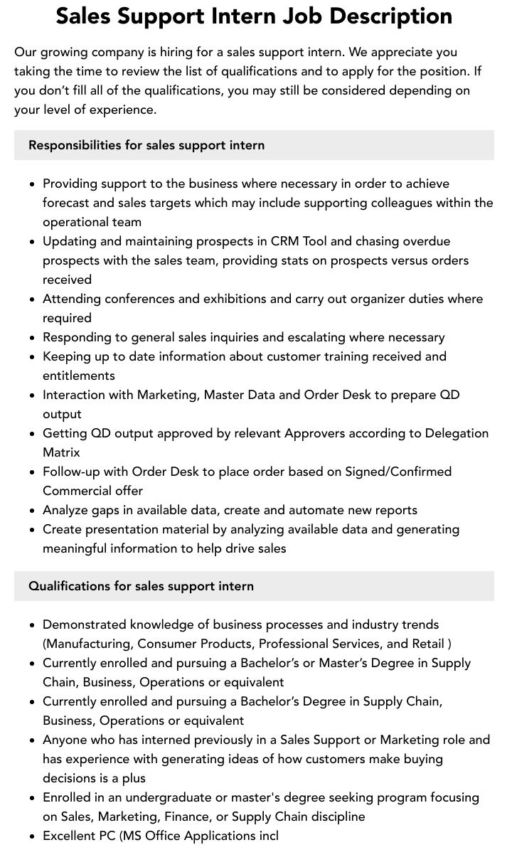 Sales Support Intern Job Description Velvet Jobs Sales Support Intern Job Description Velvet Jobs