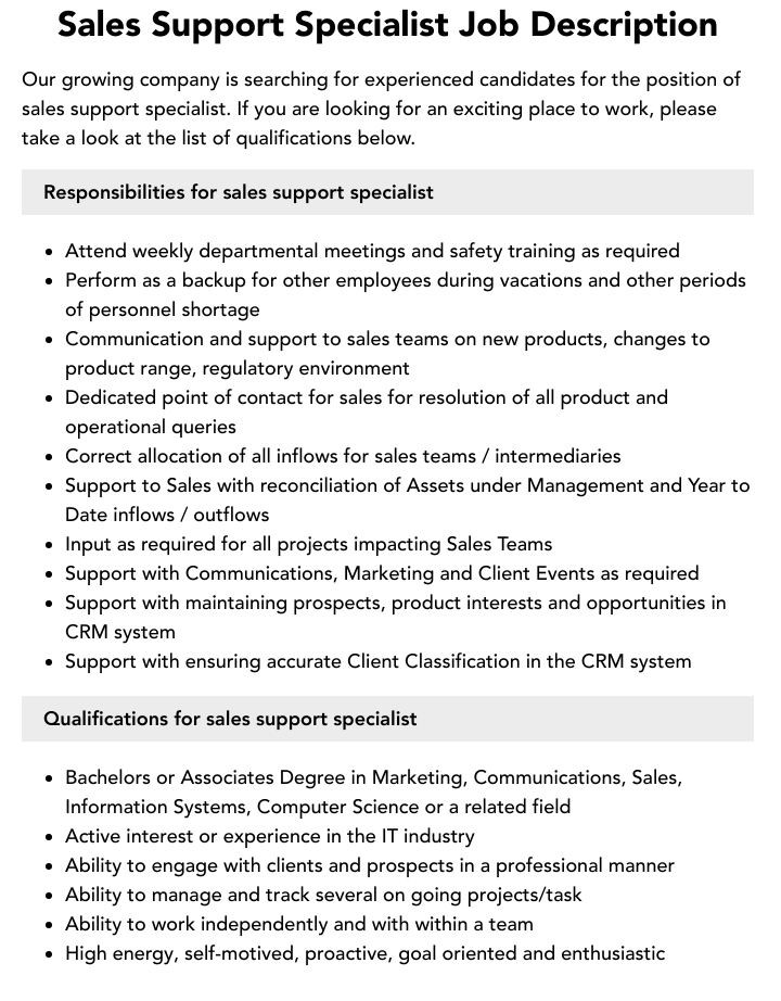 Sales Support Specialist Job Description Velvet Jobs