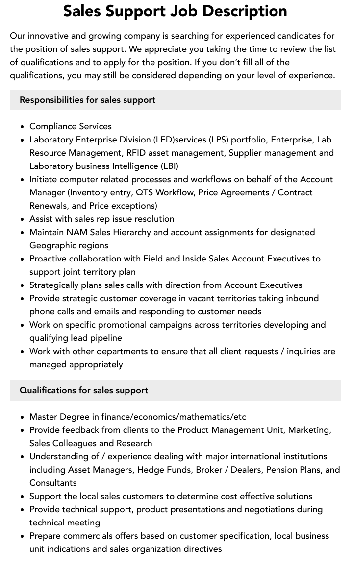 Sales Support Job Description Velvet Jobs Sales Support Job Description Velvet Jobs