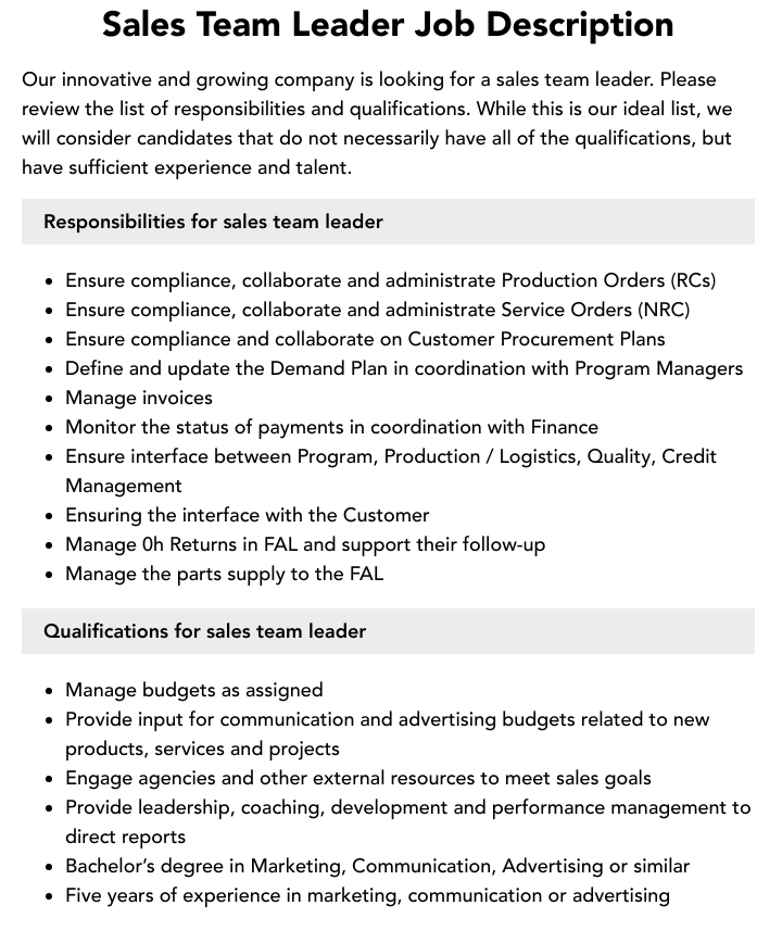 Sales Team Leader Job Description Velvet Jobs