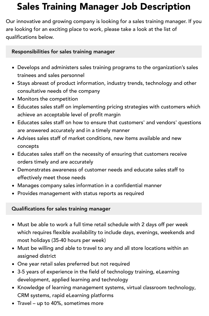 Sales Training Manager Job Description Velvet Jobs