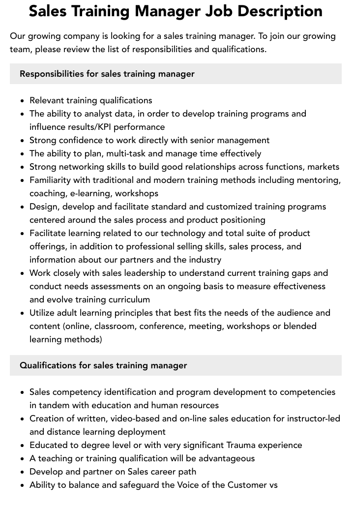 Sales Training Manager Job Description Velvet Jobs