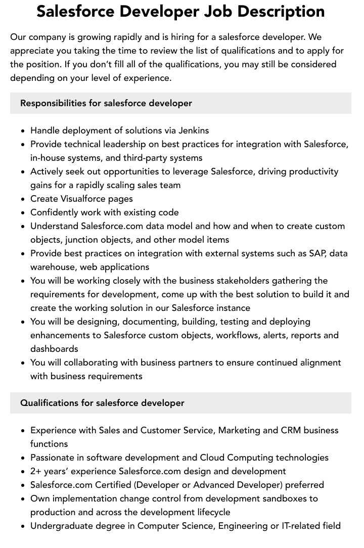 Salesforce Developer Job Description Velvet Jobs