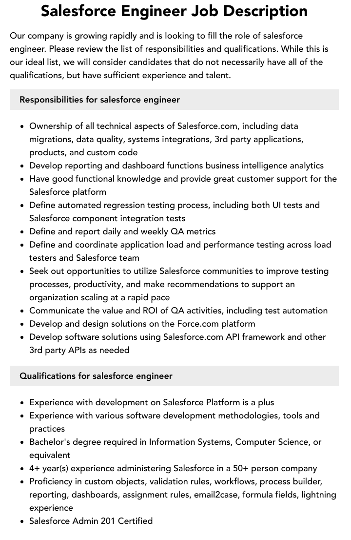 Salesforce Engineer Job Description Velvet Jobs