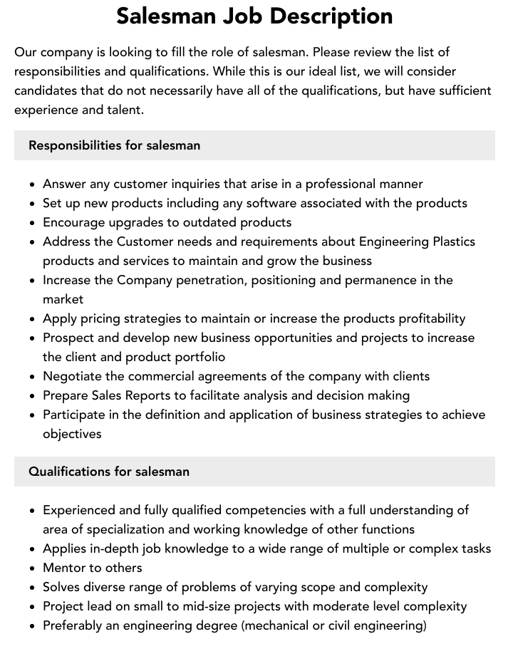 Salesman Job Description Velvet Jobs
