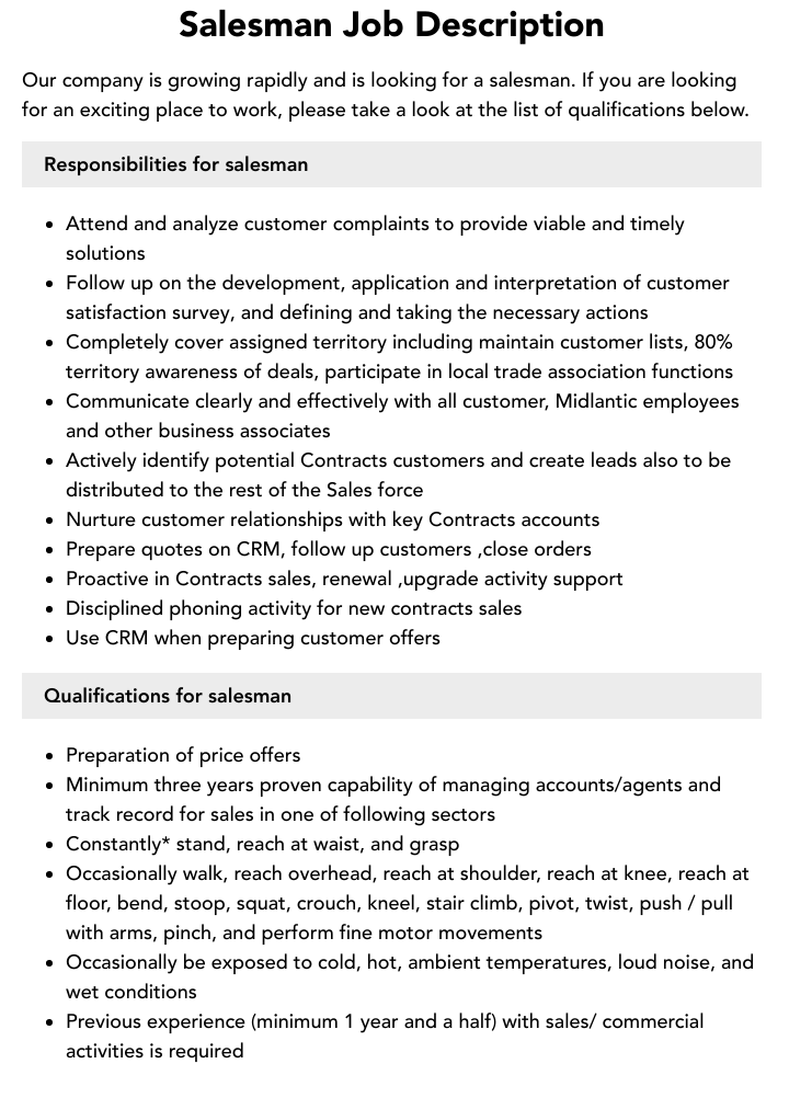 Salesman Job Description Velvet Jobs