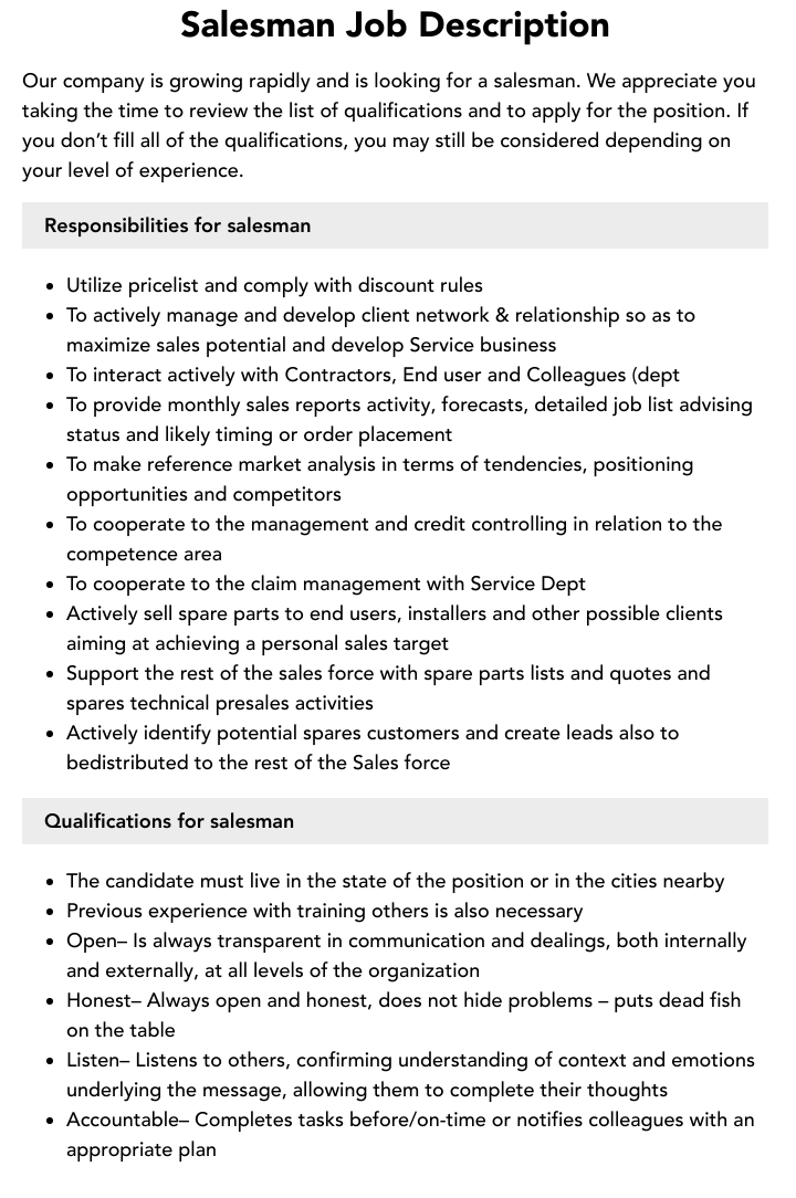 Salesman Job Description Velvet Jobs