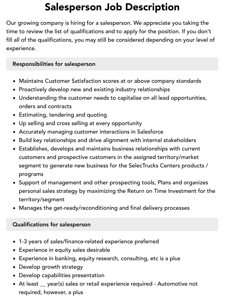 Salesperson Job Description Velvet Jobs