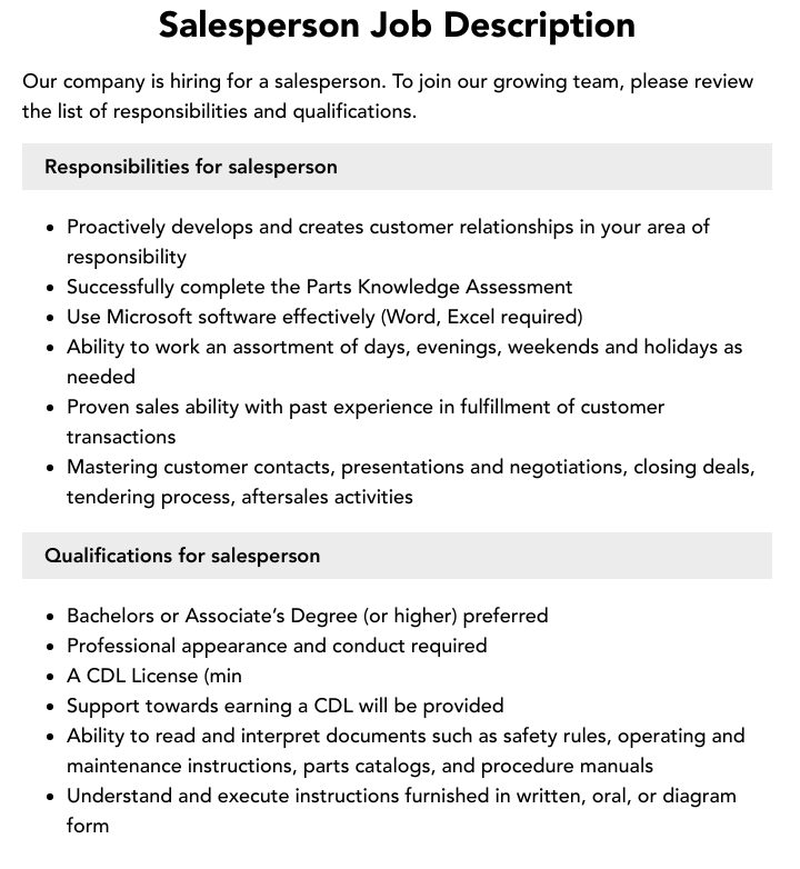 Salesperson Job Description Velvet Jobs