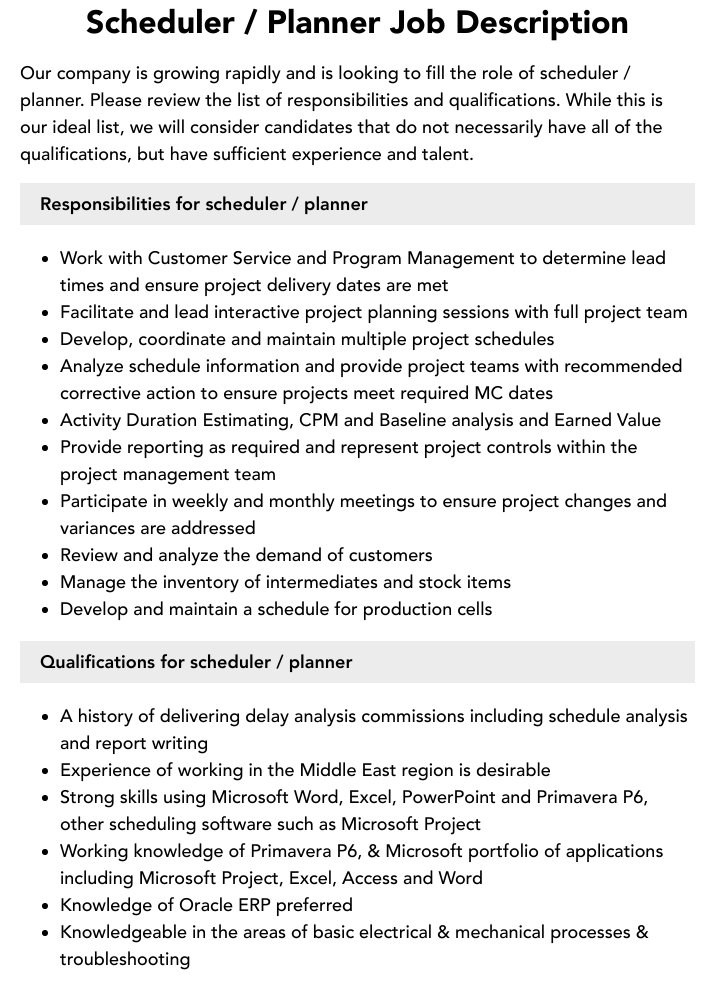Scheduler Planner Job Description Velvet Jobs