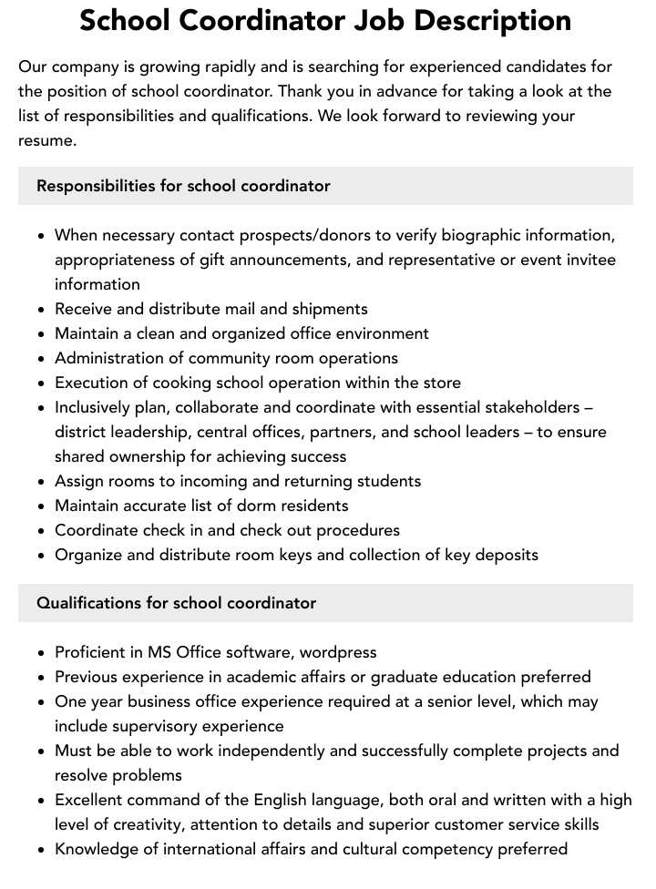 School Coordinator Job Description Velvet Jobs