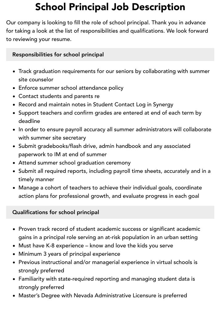 School Principal Job Description Velvet Jobs