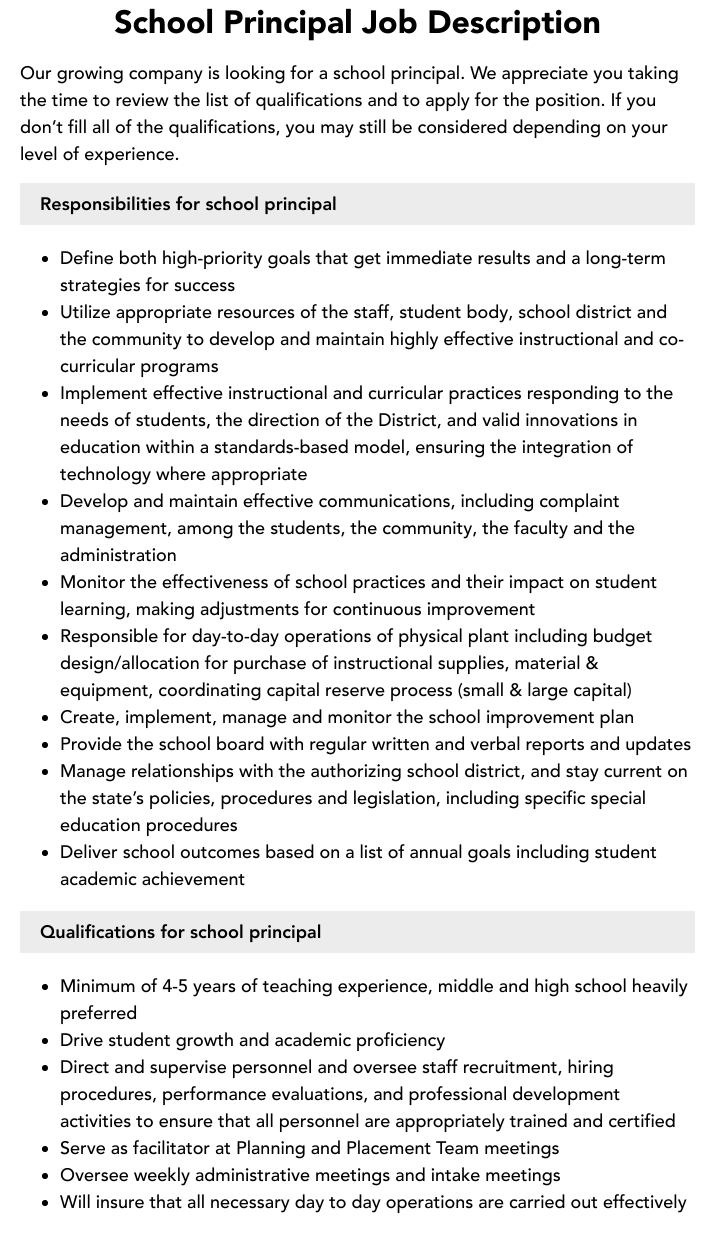 School Principal Job Description Velvet Jobs