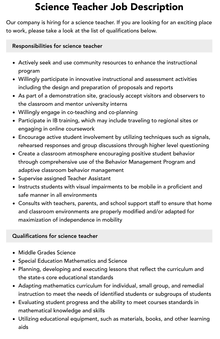 Science Teacher Job Description Velvet Jobs Science Teacher Job Description Velvet Jobs