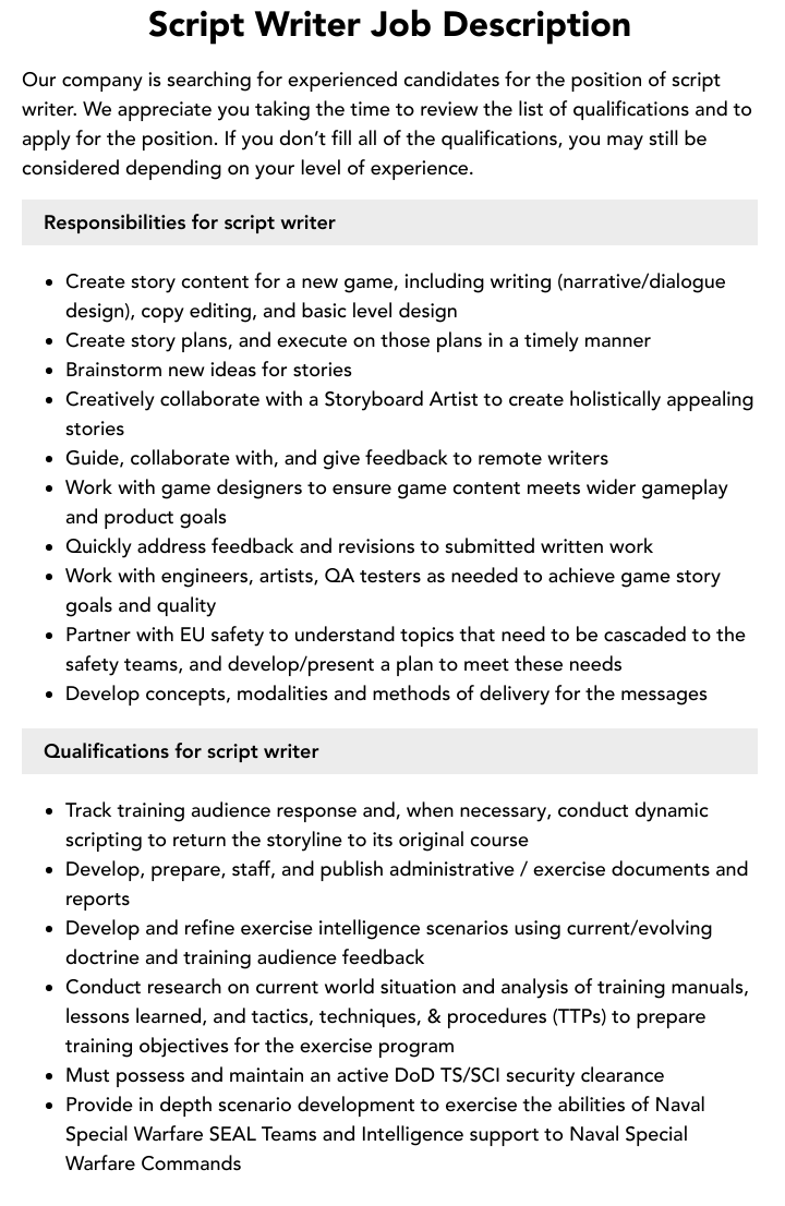 Script Writer Job Description Velvet Jobs